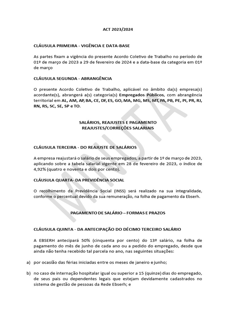 Minuta Proposta - ACT 2023-2024 | PDF | Férias trabalhistas | Expediente
