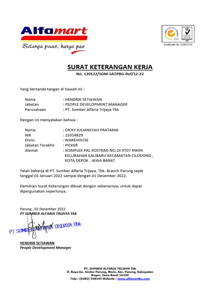 Surat Keterangan Kerja Alfamart | PDF | Karier & Perkembangan