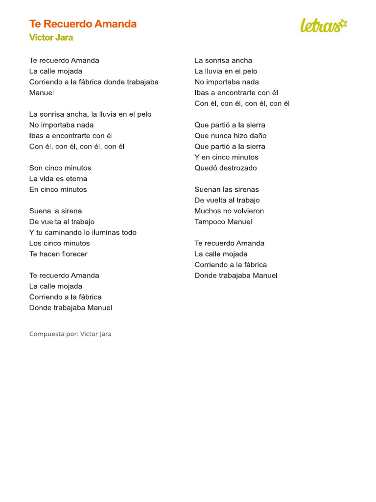 Te Recuerdo Amanda - Víctor Jara | PDF
