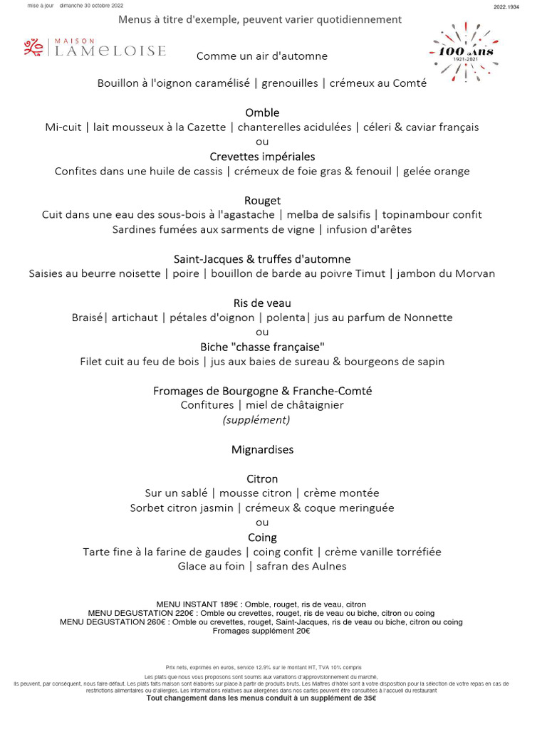 Menus et Prix du Restaurant Lameloise | PDF | Nourritures | Cuisine
