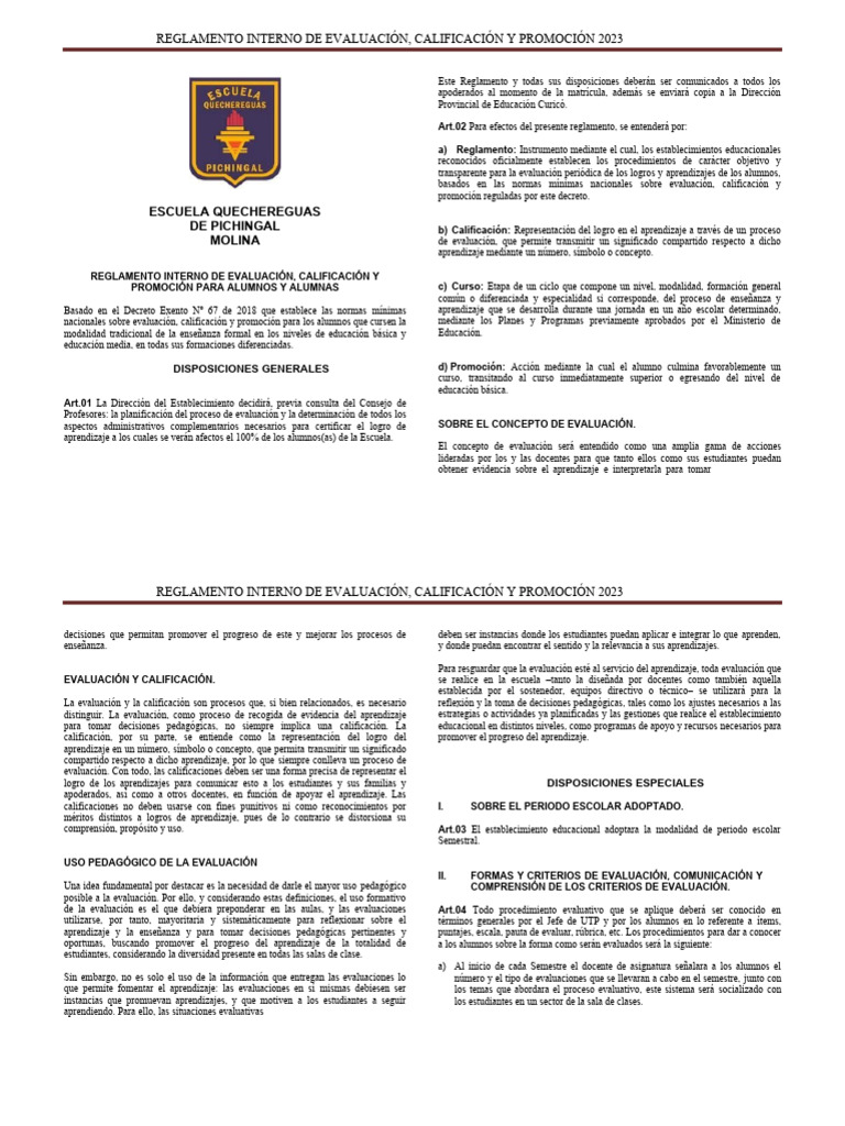 Reglamento Interno de Evaluación, Calificación Y Promoción 2023 | PDF | Evaluación | Aprendizaje