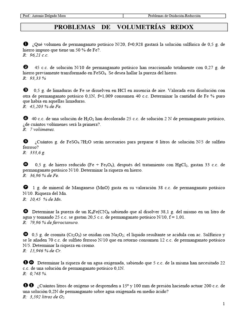 Problemas VOLUM. REDOX, PILAS | PDF | Redox | Ácido clorhídrico