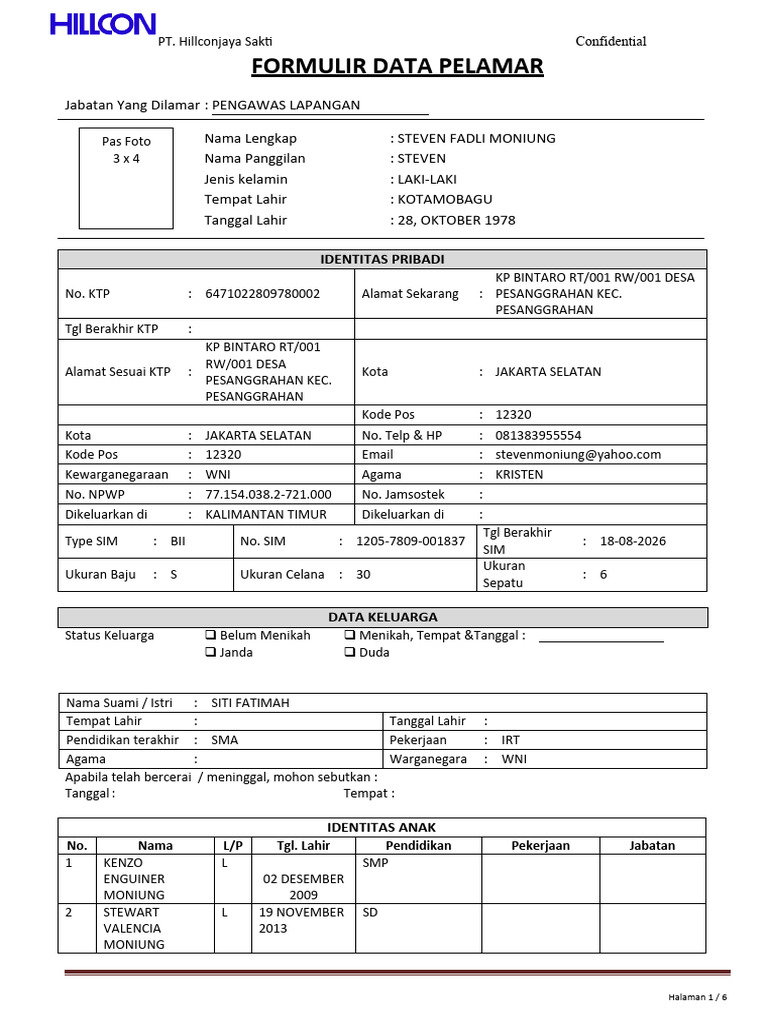 Formulir Data Pelamar Lengkap | PDF