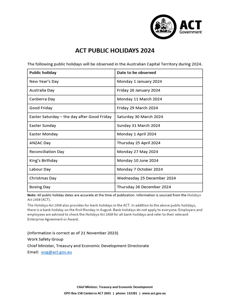 ACT Public Holidays 2024 Schedule | PDF