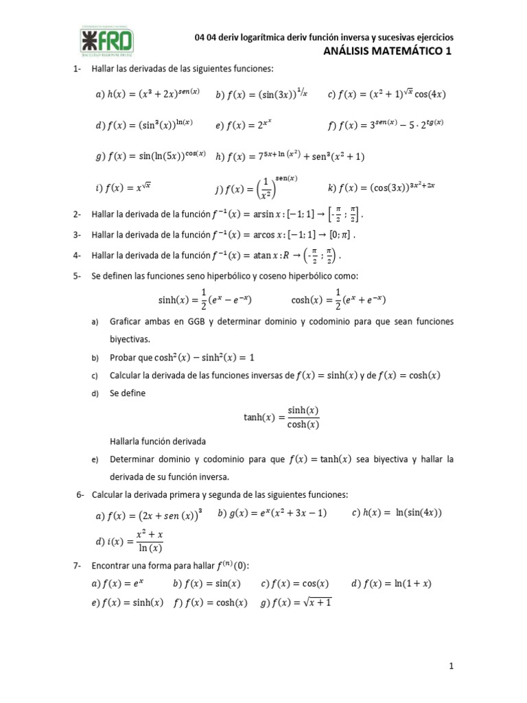 04 04 Deriv Logaritmica Deriv Func Inversa y Sucesivas Ejercicios | PDF | Tangente | Derivado