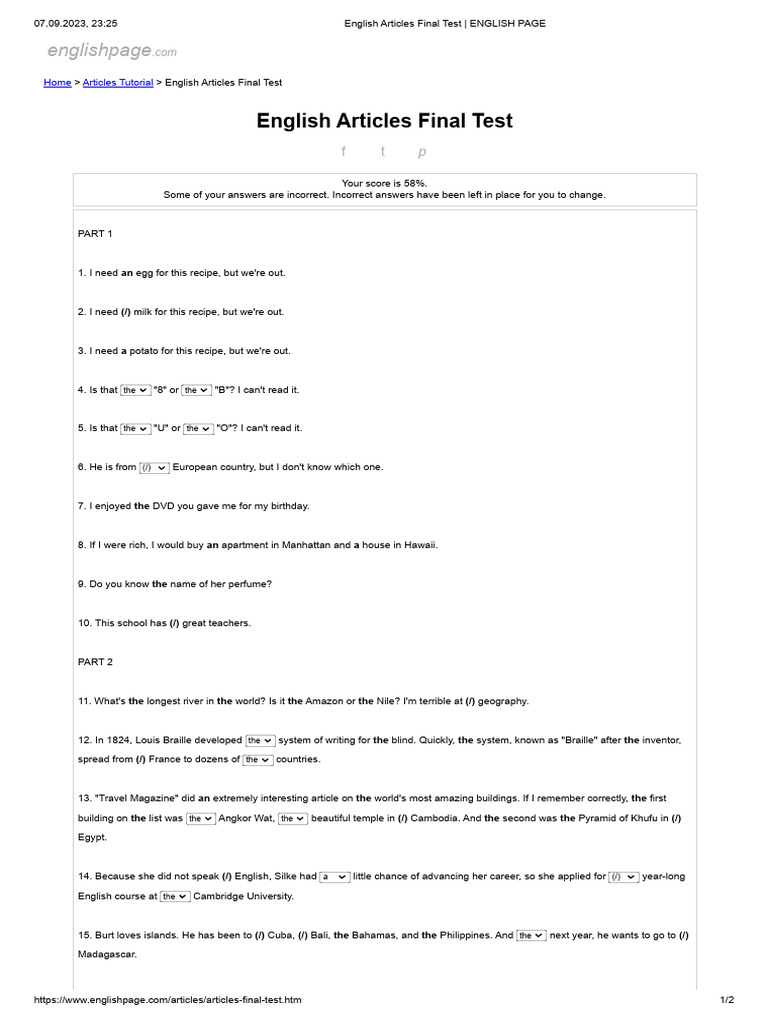 English Articles Final Test - ENGLISH PAGE | PDF | Preposition And ...