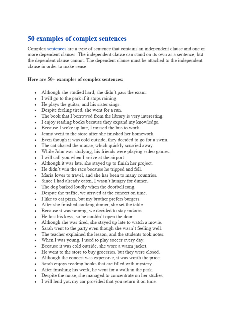 50 Complex Sentence Examples | PDF
