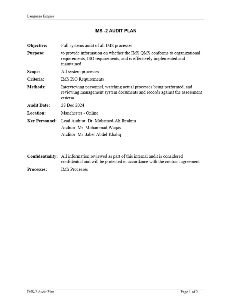 IMS 2 Audit Plan | PDF