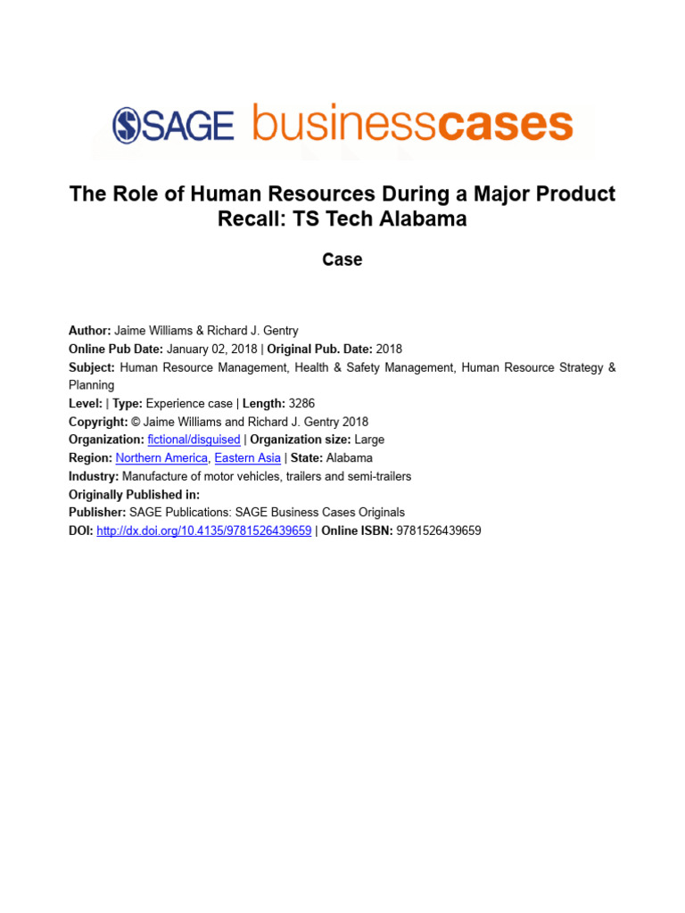 Human Resources During A Major Product Recall Ts Tech Alabama Case ...