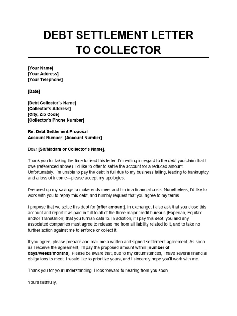 Debt Settlement Letter To Collector | PDF