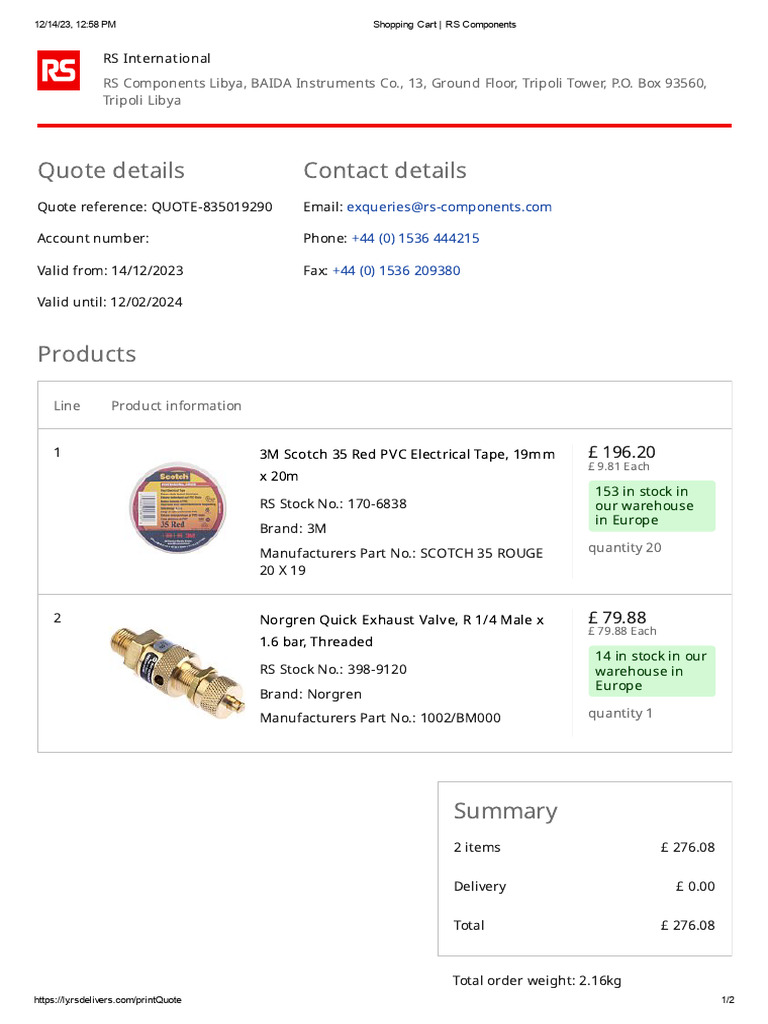Shopping Cart - RS Components | PDF | Manufactured Goods