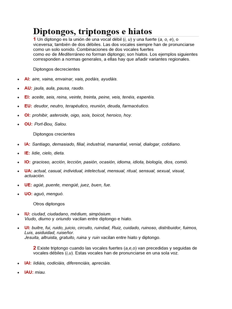 Diptongos, triptongos y hiatos en español | PDF | Voz humana | Lingüística