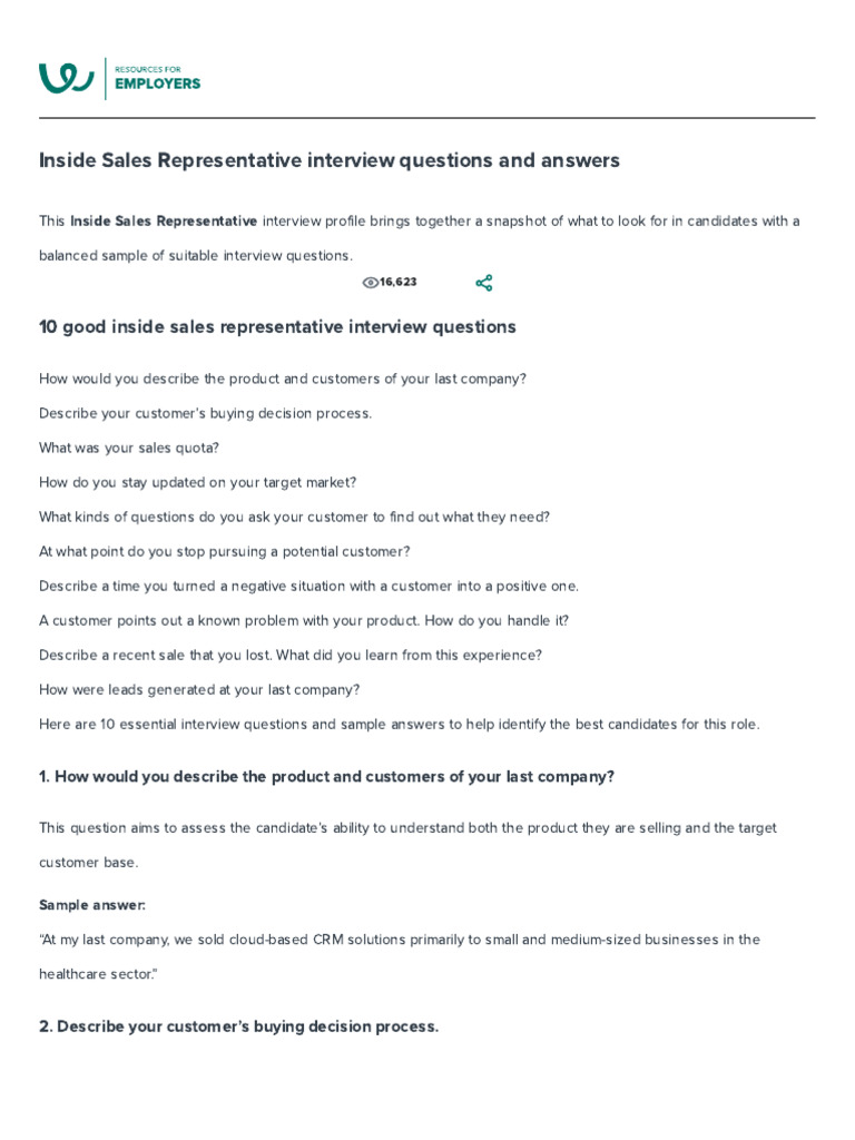 Inside Sales Representative Interview Questions (+answers) | PDF ... Inside Sales Representative Interview Questions (+answers) | PDF ...