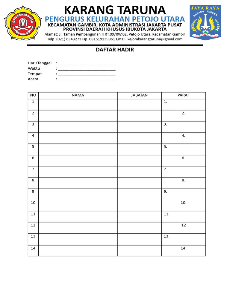 Daftar Hadir Kegiatan Karang Taruna | PDF