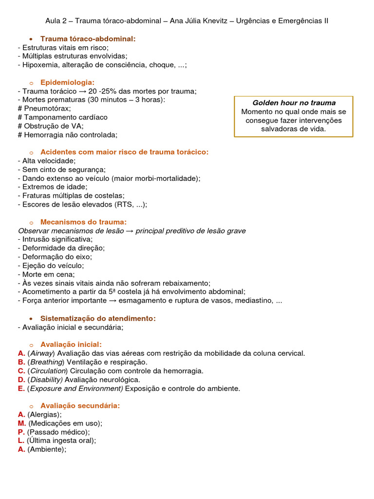 Emergências em Trauma Tóraco-Abdominal | PDF | Causas de morte | Fisiologia