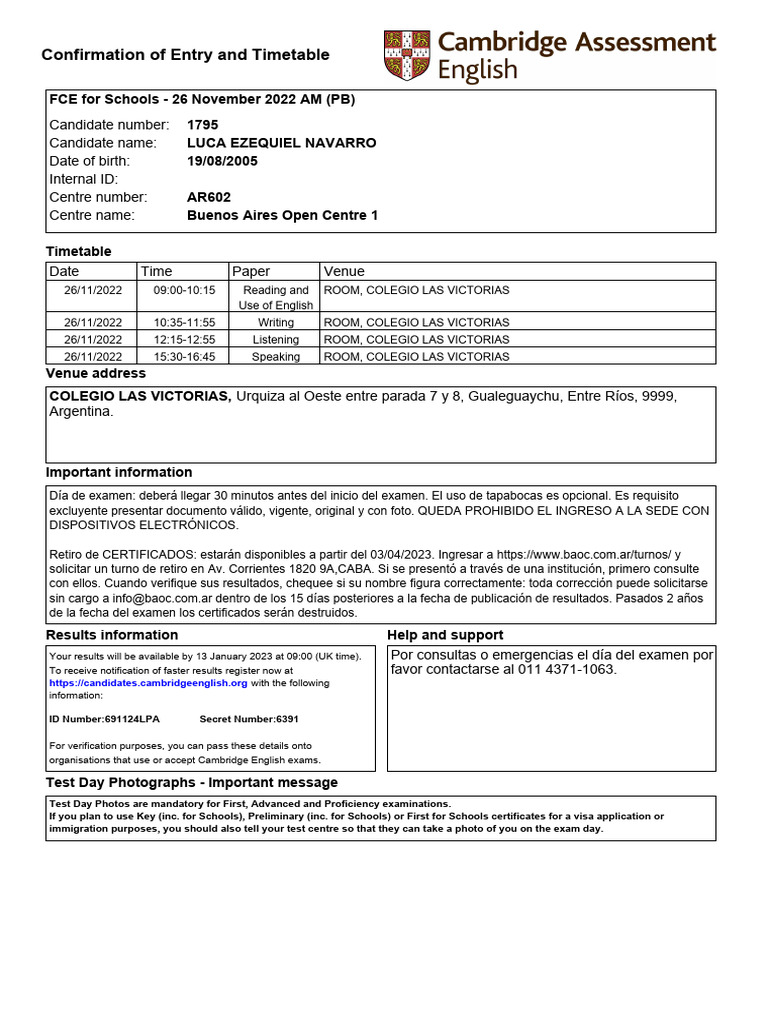 Confirmation of Entry and Timetable | PDF