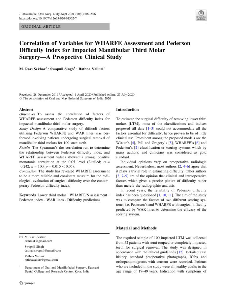 WHARFE vs. Pederson Index in Molar Surgery | PDF | Surgery | Spearman's ...