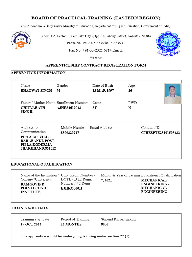 Apprenticeship Contract Registration Form | PDF | Apprenticeship | Employment