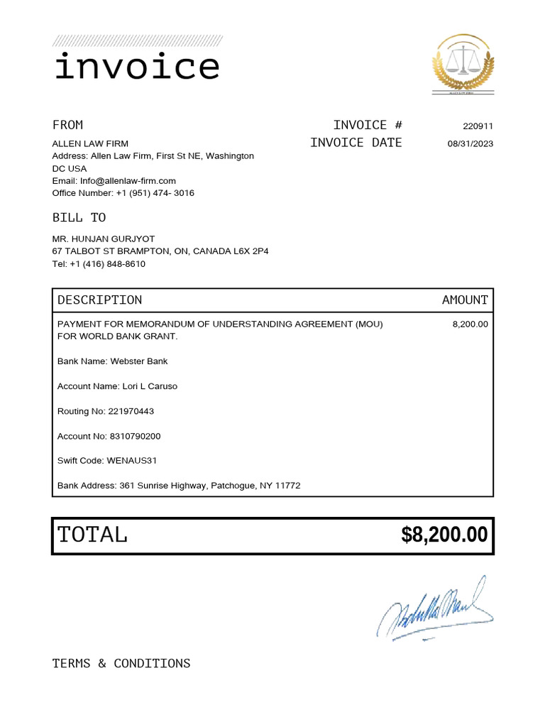Invoice for MOU Payment to Allen Law Firm | PDF
