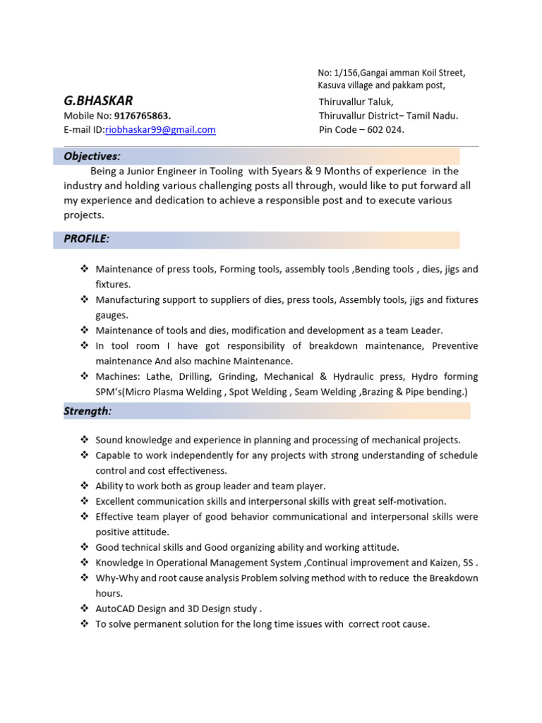Bhaskar Resume 28-09-2023 | PDF | Secondary Sector Of The Economy | Industrial Processes