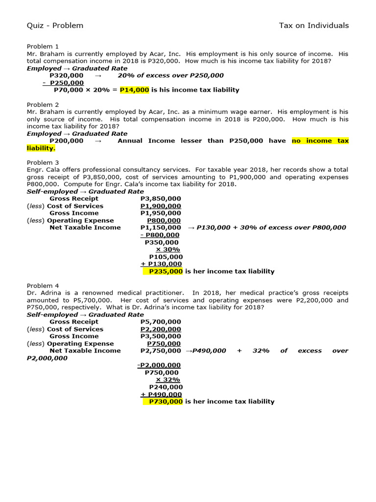 Tax On Individuals - Quiz | PDF | Income | Income Tax