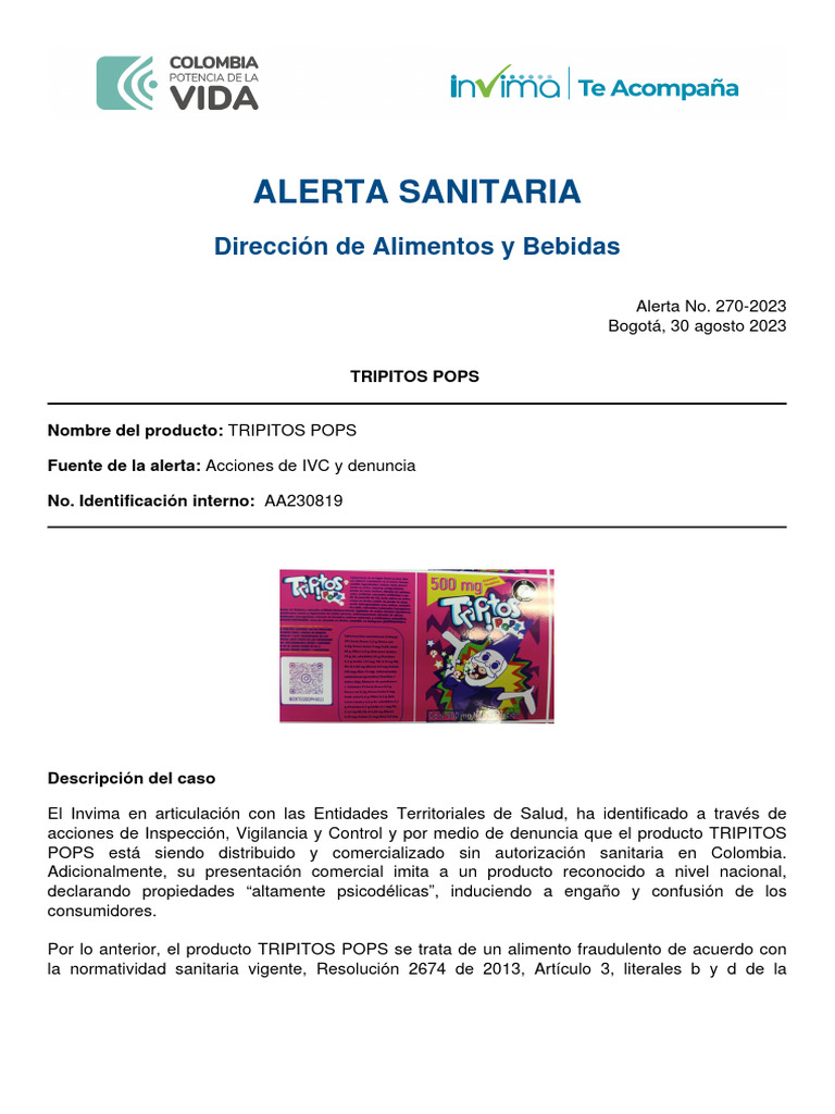 Alerta Sanitaria: Prohibido TRIPITOS POPS | PDF | Alimentos