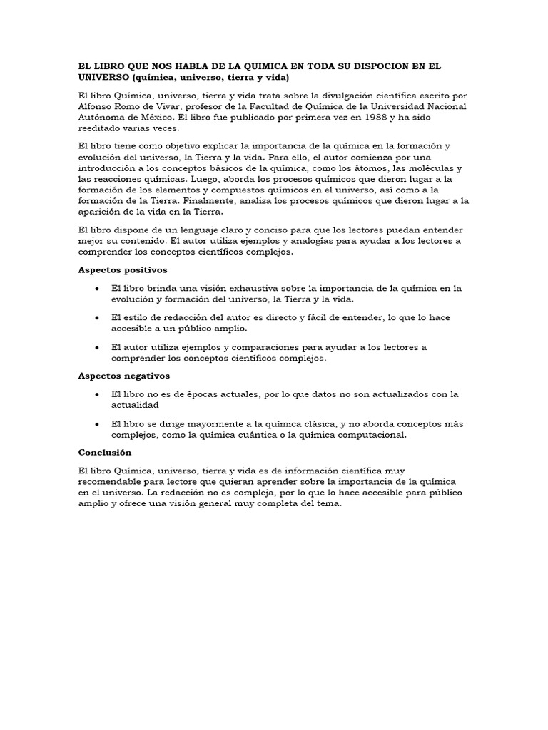 Reseña, Quimica, Universo, Tierra y Vida | PDF