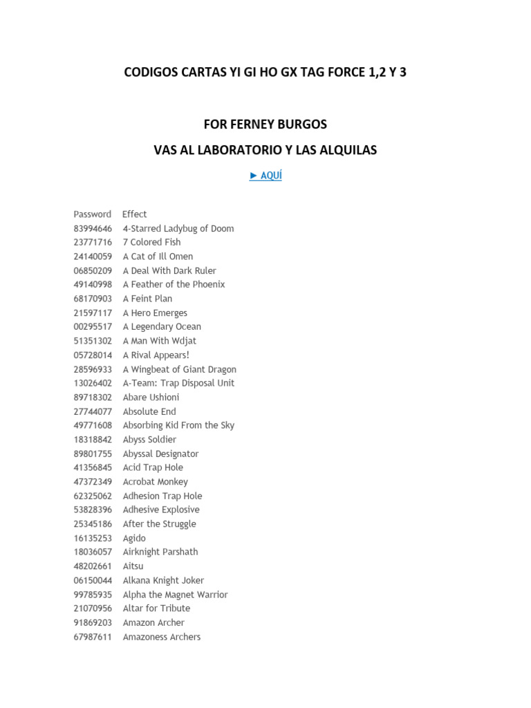 Codigos Cartas Yu Gi Ho GX Tag Force 1,2 y 3 | PDF | Dragon | Magician ...
