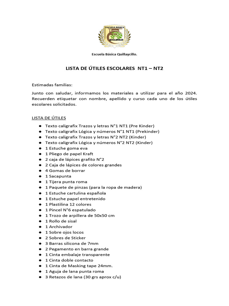 Lista de Útiles NT1 - NT1 - 2023 | PDF