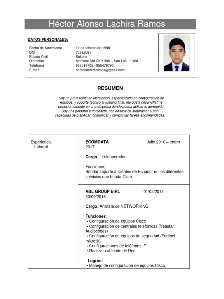 CV Hector Lachira | PDF | Enrutador (Computación) | Ingeniería Informática