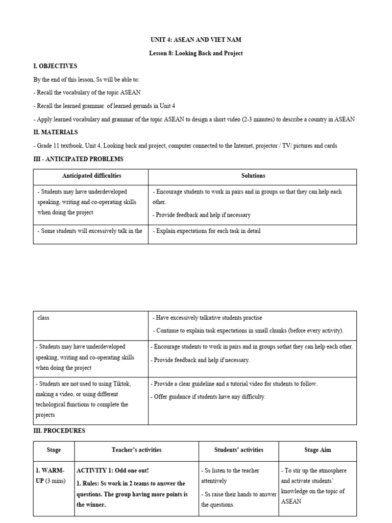 Lesson Plan - Unit 4 - Looking Back and Project | PDF | Education Theory | Cognitive Science