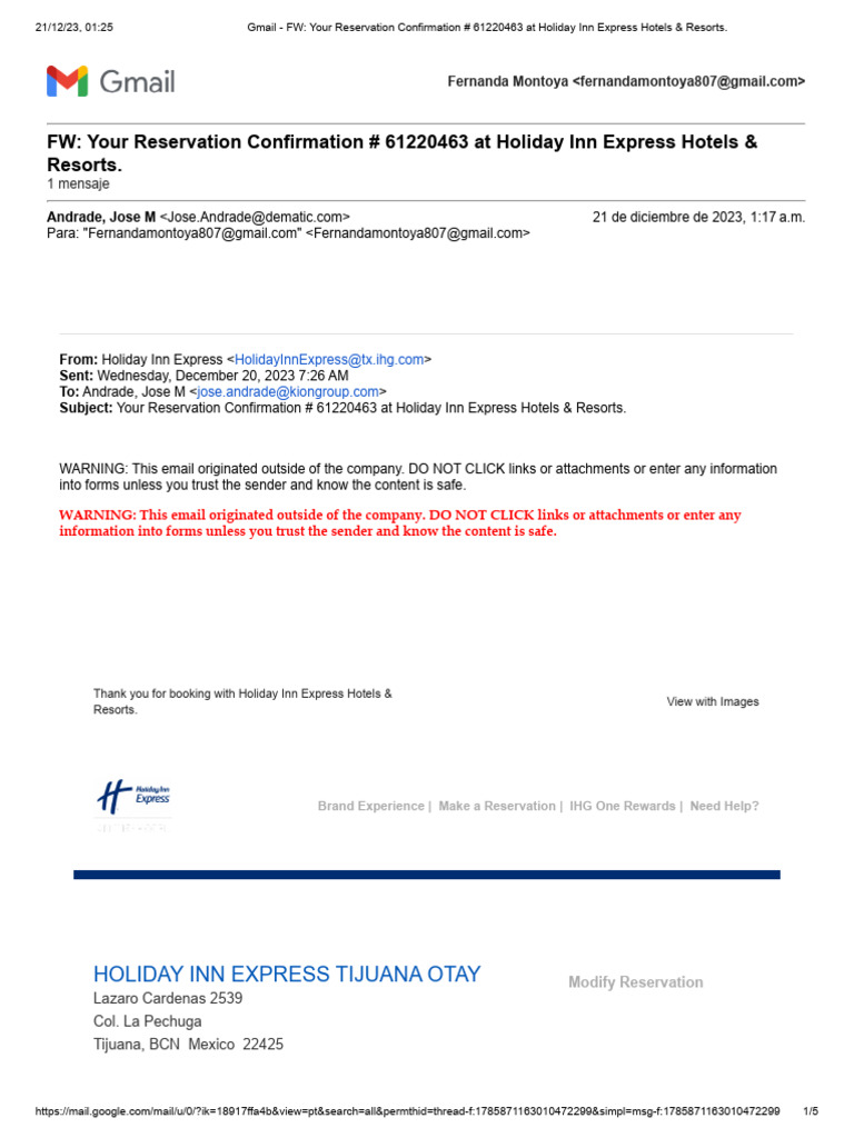 Gmail - FW - Your Reservation Confirmation # 61220463 at Holiday Inn ...