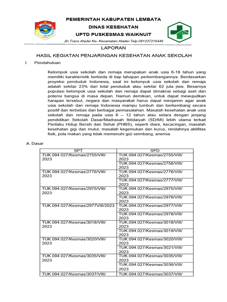 Laporan Penjaringan Kesehatan Anak Sekolah | PDF | Bisnis | Sains & Matematika