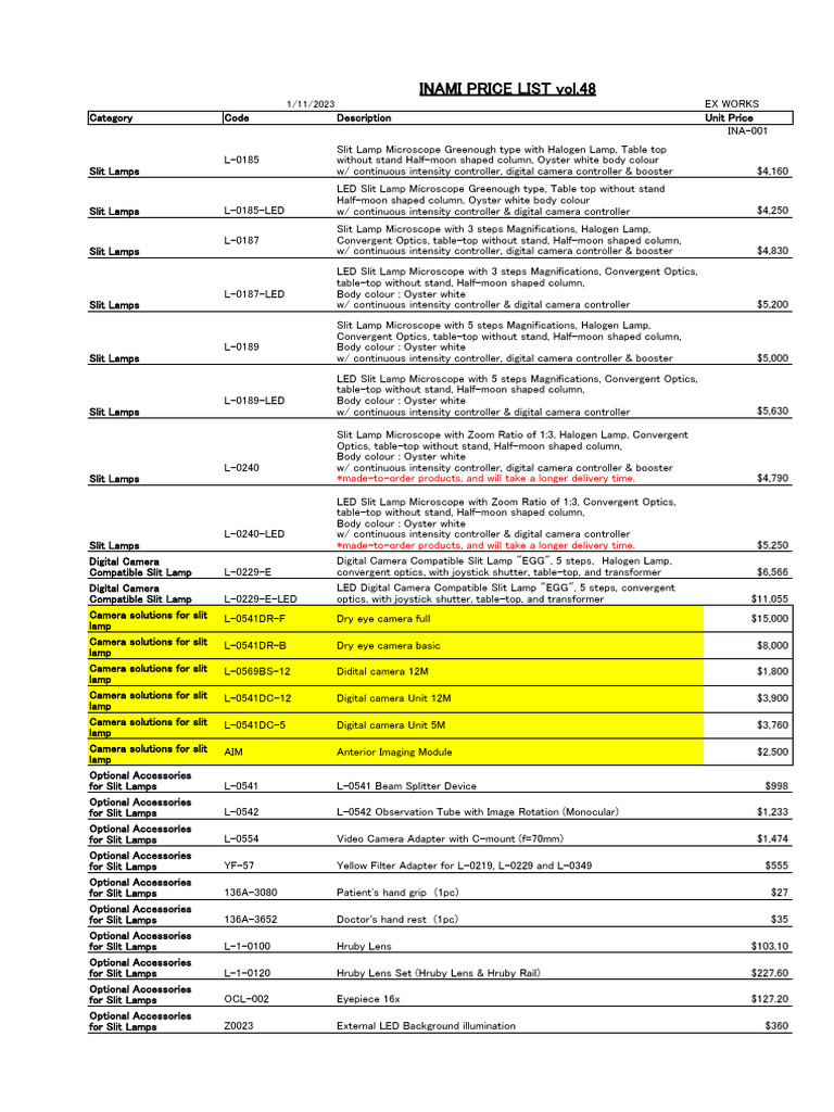 48 INAMI Price List USD (Ex Works) Ophthalmic Equipment | PDF | Camera | Zoom Lens