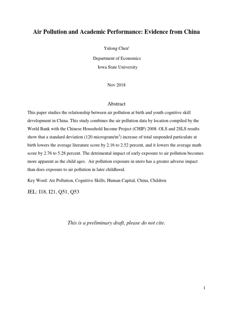 Air Pollution and Academic Performance Evidence From China | PDF | Air ...