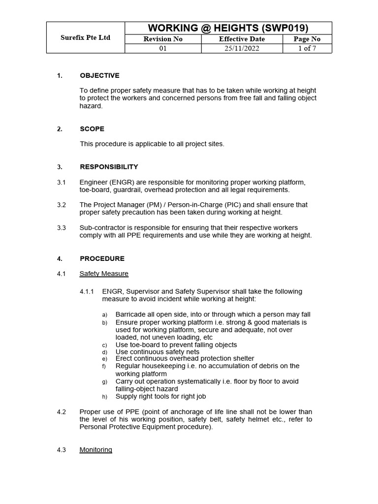 SWP-019 Work at Height | PDF | Occupational Safety And Health ...