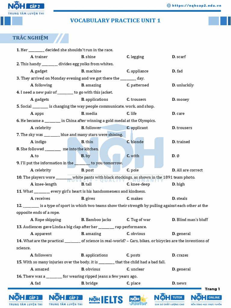 Practice Vocabulary Unit 1 - 1 | PDF | Fashion | Social Media