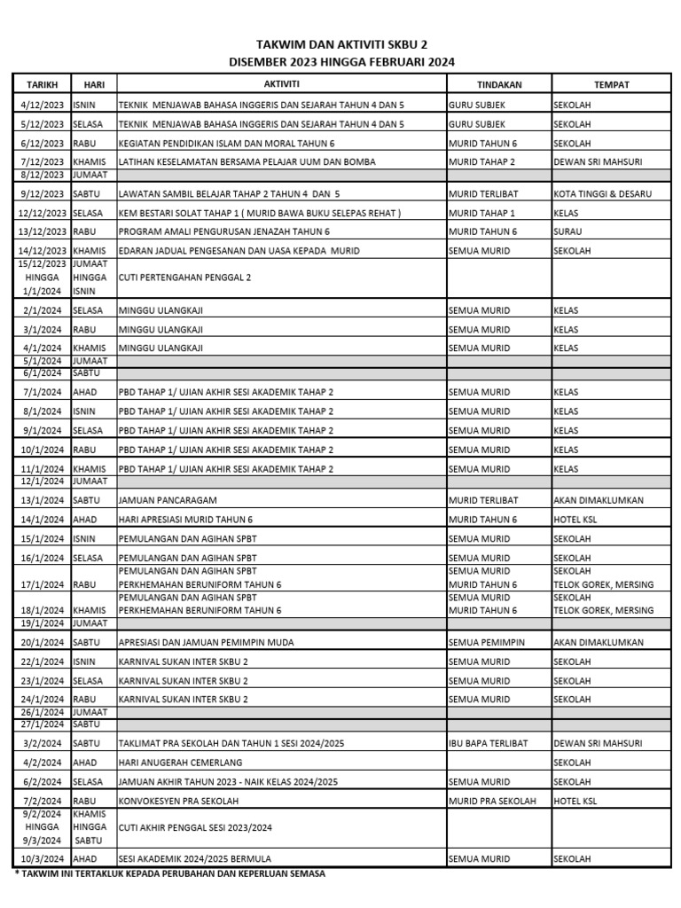 Takwim Dan Aktiviti Skbu 2 Dis 2023 - Feb 2024 | PDF