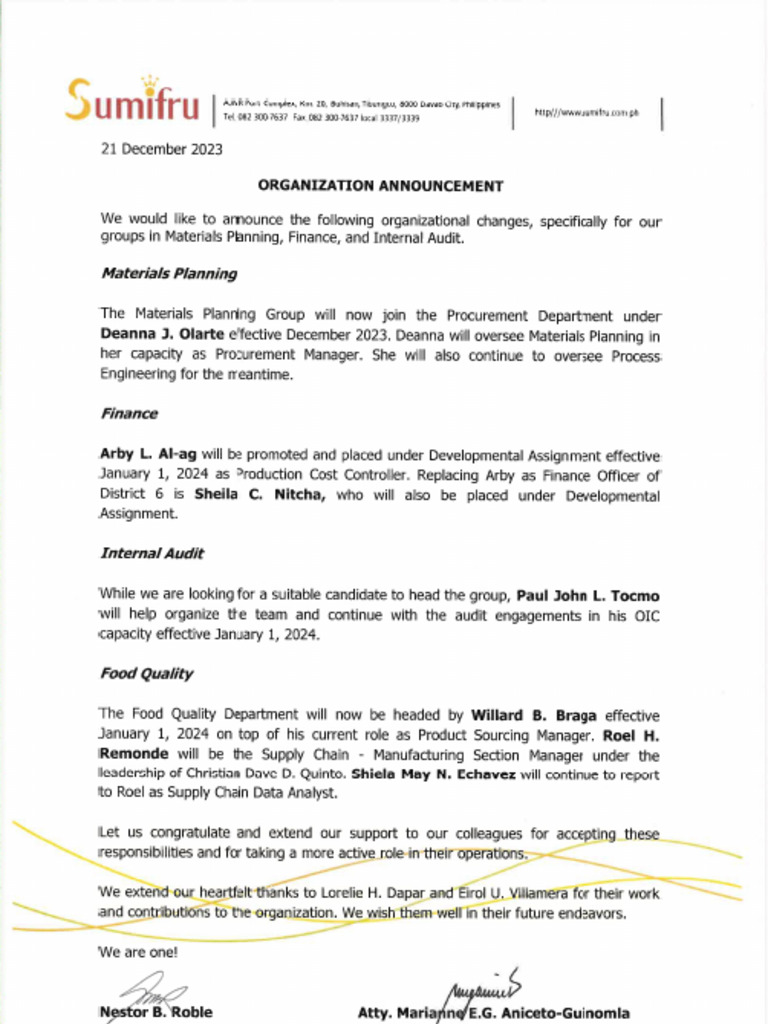 Organization Announcement - 21 Dec 2023 | PDF