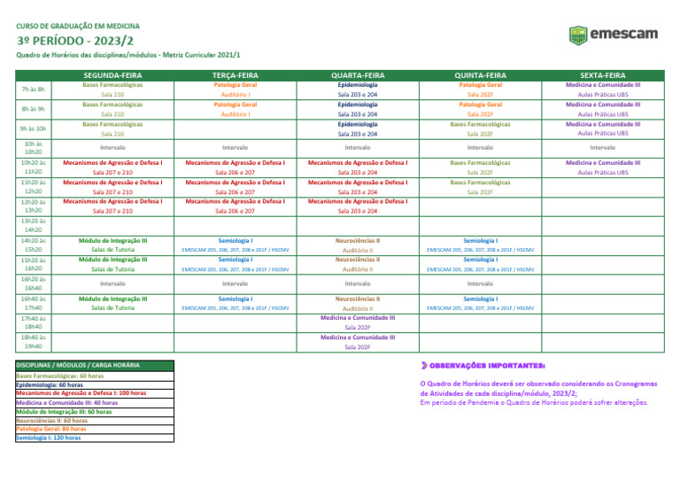 Quadro de Horários - 3º Período - 2023-2 | PDF | Remédio | Sistema de saúde