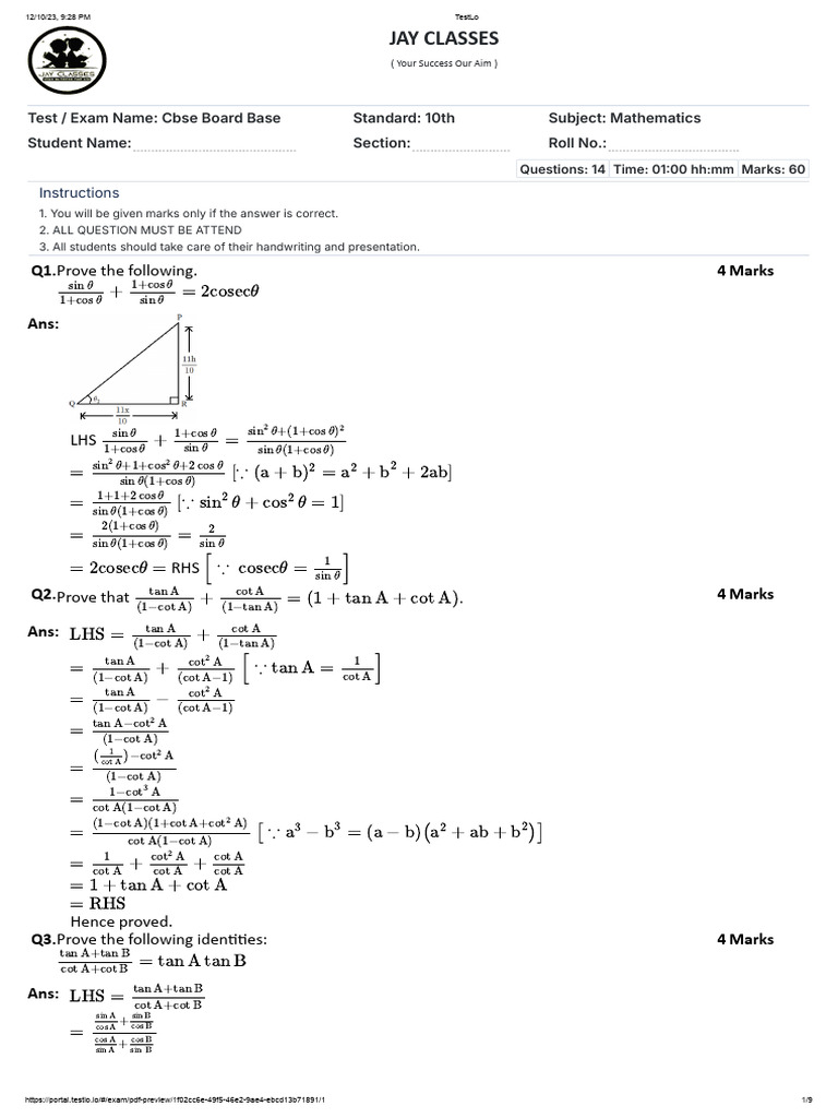 Trigonometry Test 11 - 12 - 2023 Answer | PDF | Space | Elementary ...
