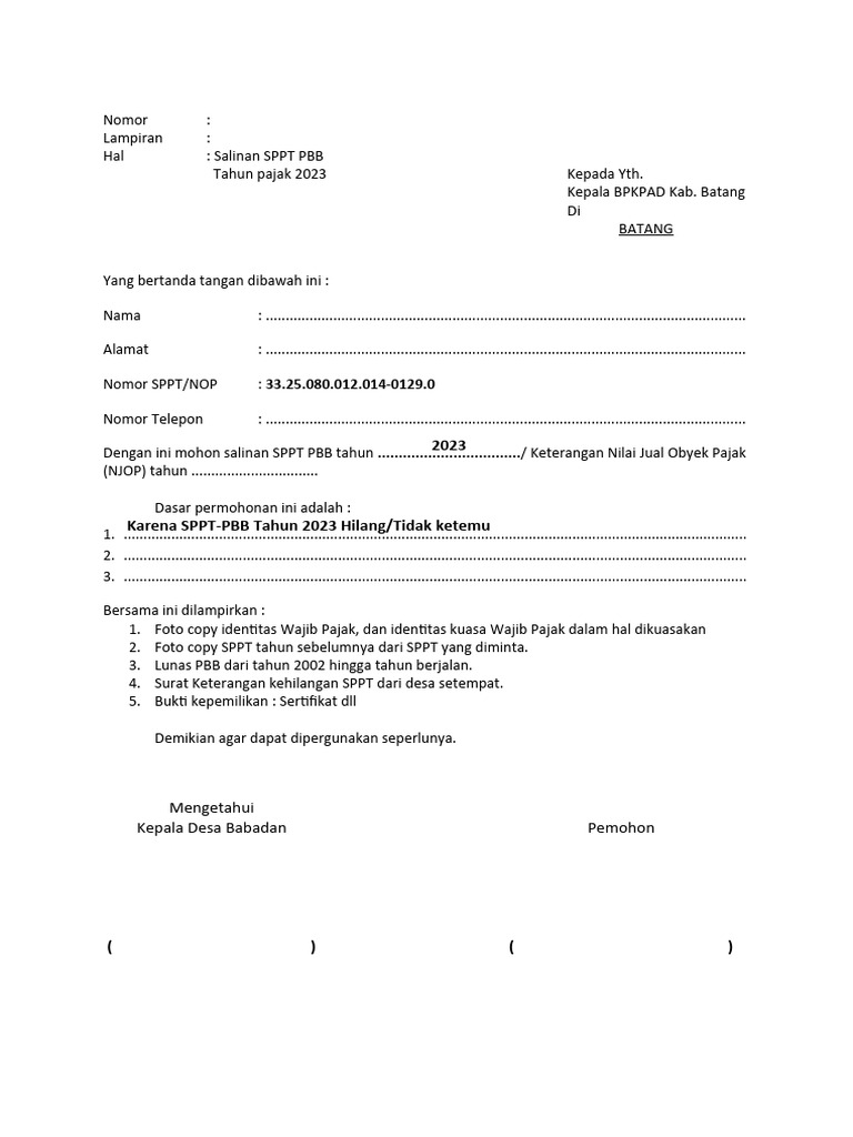 Permohonan Salinan SPPT-PBB Babadan | PDF Permohonan Salinan SPPT-PBB Babadan | PDF
