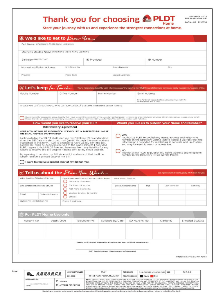 PLDT Customer Application Form Front Back Pdf1 For New Application Only | PDF