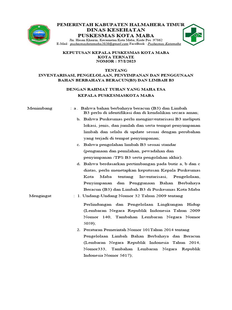 SK Inventarisasi, Pngelolaan, Penyimpanan Dan Penggunaan Bahan Dan Limbah Berbahaya Dan Beracun ...