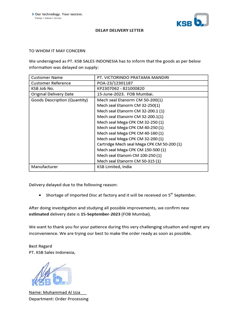 Delay Delivery Letter KP2307062 - POA-23-12301036 | PDF