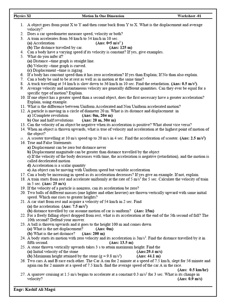 Worksheet Motion in One Dimension 1 | PDF | Acceleration | Speed