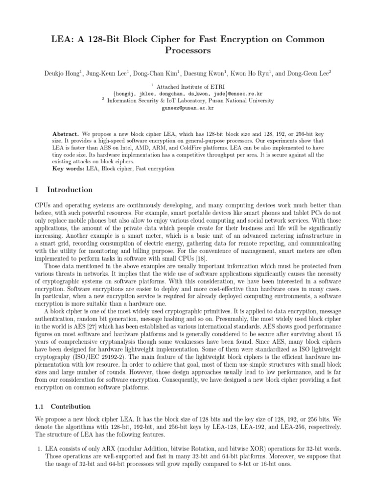 LEA a 128-Bit Block Cipher for Fast Encryption on Common Processors ... LEA a 128-Bit Block Cipher for Fast Encryption on Common Processors ...