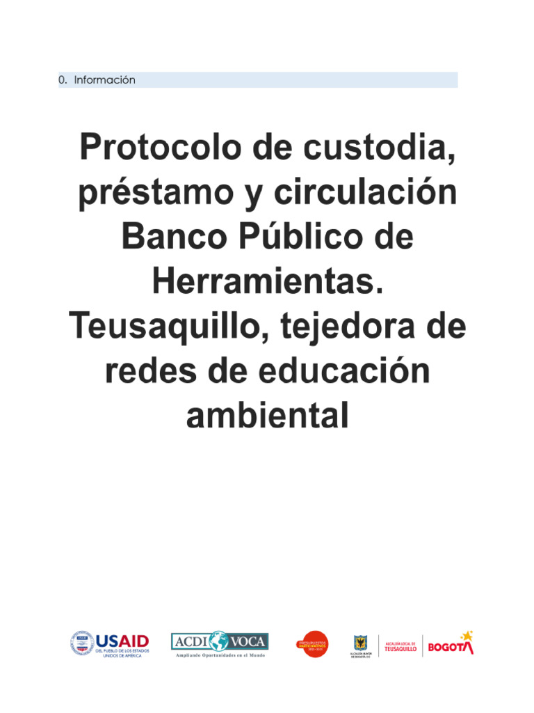 Protocolo Banco Público Herramientas. Teusaquillo, Tejedora de Redes de Educación Ambiental ...