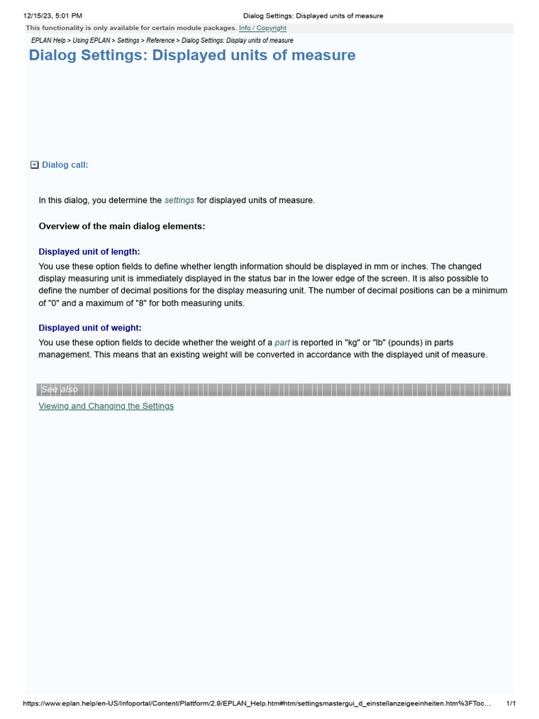 EPLAN - Dialog Settings - Displayed Units of Measure | PDF