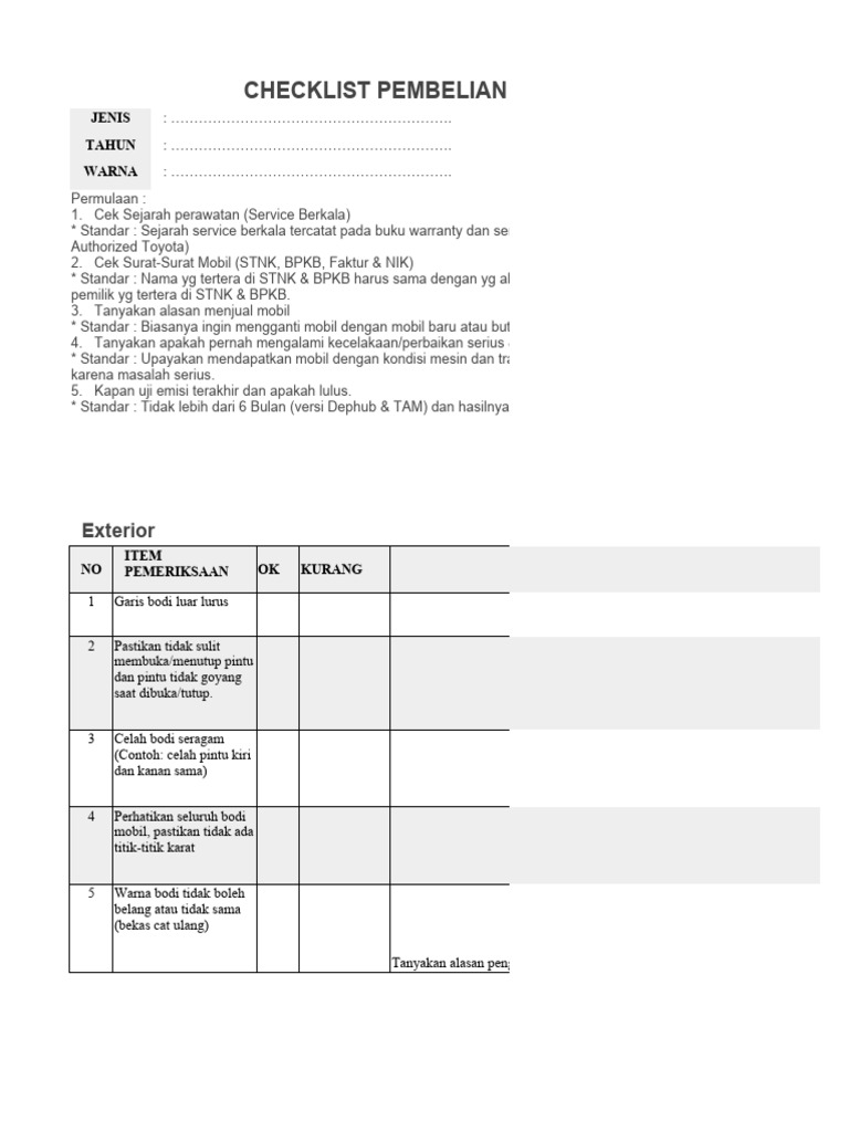 CHECKLIST PEMBELIAN MOBIL BEKAS Dikonversi | PDF